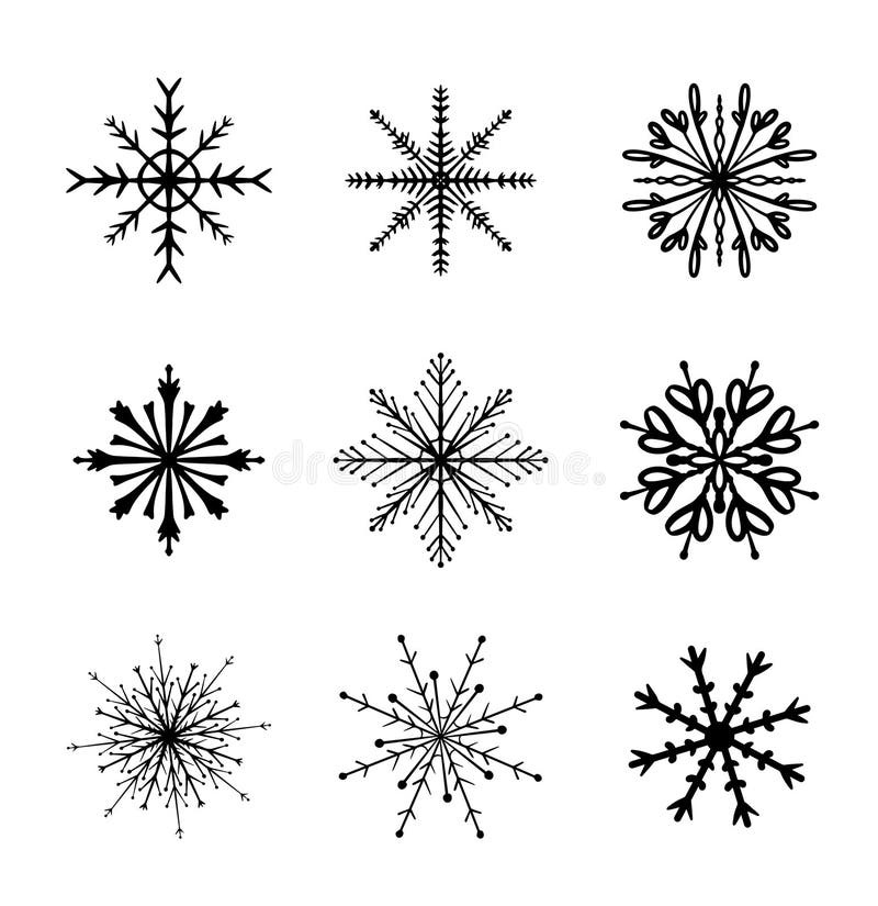 Set Snowflakes in Doodle Style. Collection Hand Drawn Snowflakes ...