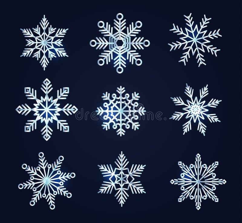 Set of Snowflakes on Navy Blue Background. Realistic Vector Snow Stock ...