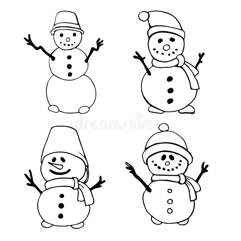 Set of Snowmen. Black Line Drawing. for Postcards and Design Stock ...