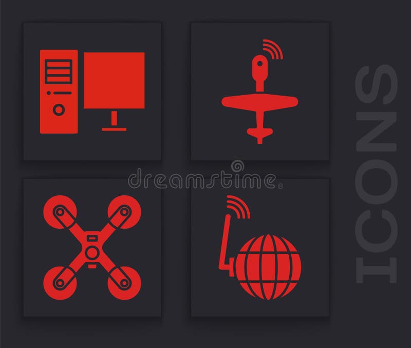 Set Social Network, Computer Monitor, UAV Drone and Drone Flying Icon ...