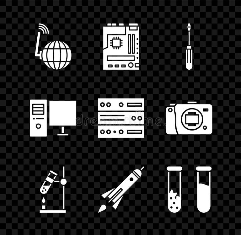 Set Social Network, Motherboard, Screwdriver, Test Tube Flask on Fire ... Set Social Network, Motherboard, Screwdriver, Test Tube Flask on Fire ...