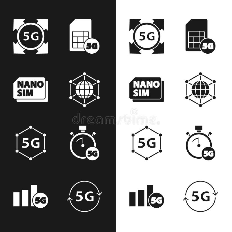 Set Social Network, Nano Sim Card, 5G, Digital Speed Meter, and Icon ...