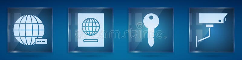 Set Social Network, Passport, Key and Security Camera. Square Glass ...