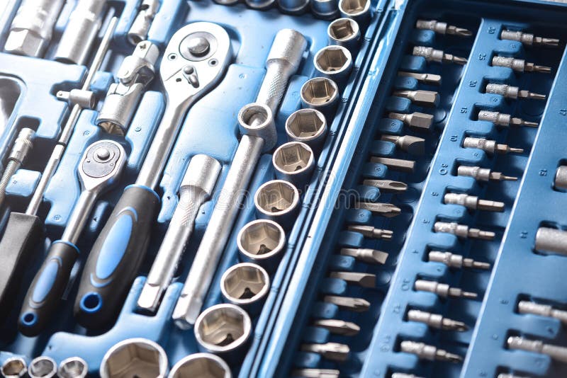 Set of Socket Wrench in Plastic Box Stock Image - Image of metallic ...