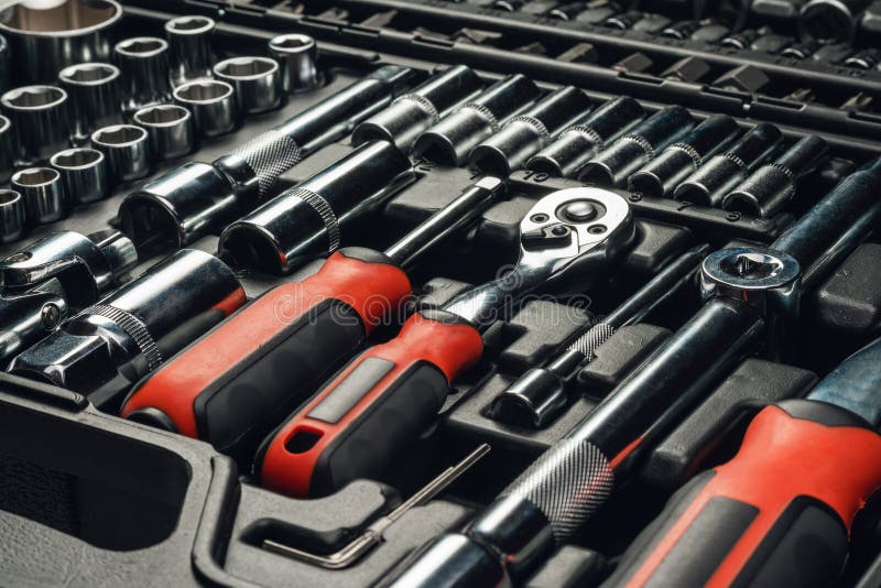 Set of Socket Wrenches and Ratchets in a Plastic Box Stock Photo ...