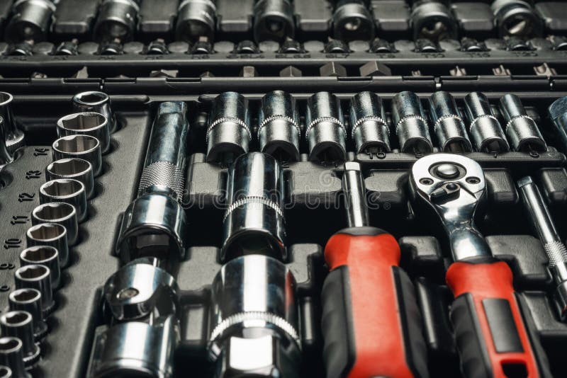 Set of Socket Wrenches and Ratchets in a Plastic Box Stock Image ...