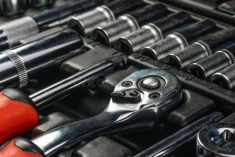 Set of Socket Wrenches and Ratchets in a Plastic Box Stock Photo ...