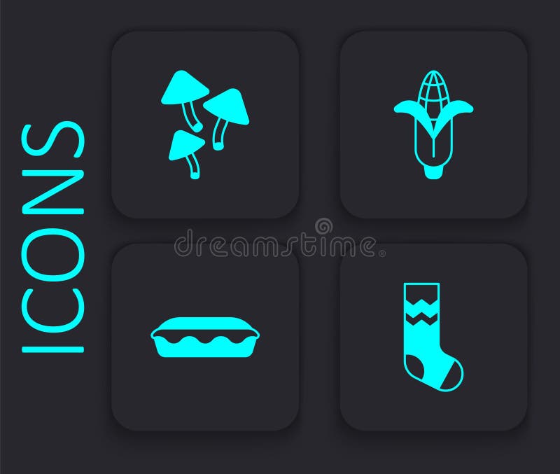 Set Socks, Mushroom, Corn and Homemade Pie Icon. Black Square Button ...
