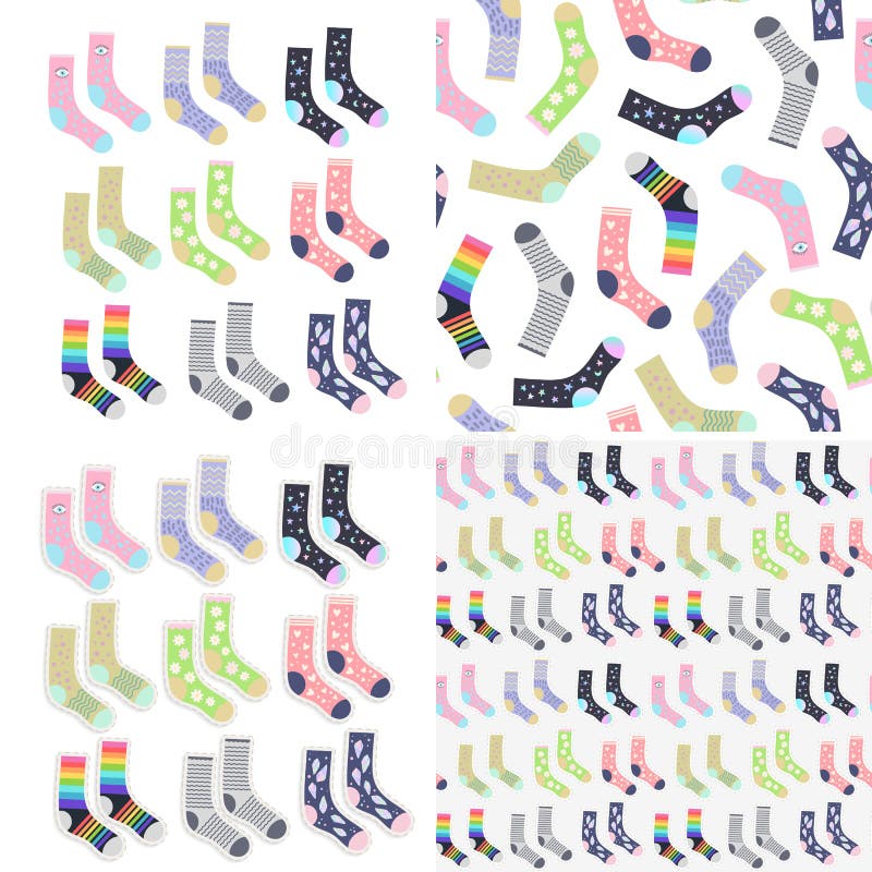Set of Socks Stickers and Seamless Patterns Stock Vector - Illustration ...