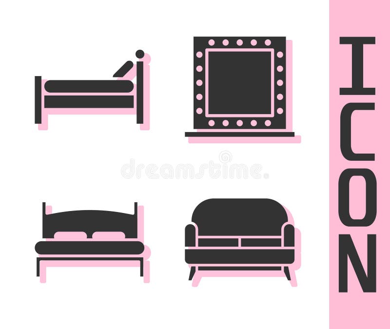 Set Sofa, Bed, Big Bed and Makeup Mirror with Lights Icon. Vector Stock ...