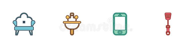 Set Sofa, Washbasin, Mobile Phone and Spatula Icon. Vector Stock Vector ...