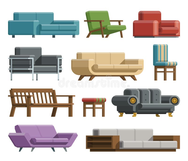 Set of Sofas and Armchairs in Cartoon Flat Style. Stock Vector ...