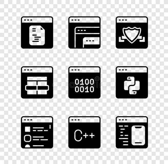 Set Software, Browser with Shield, Files, MySQL Code and Binary Icon. Vector Stock Illustration ...