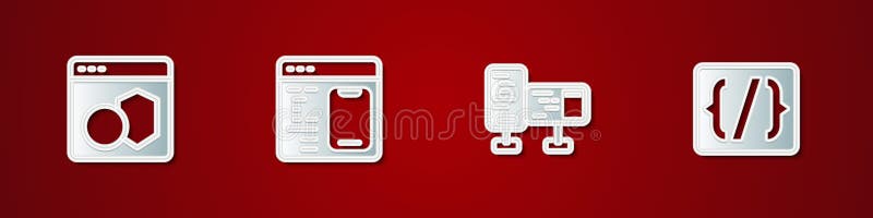 Set Software Computer Monitor Screen And Programming Language Syntax Icon Vector Stock