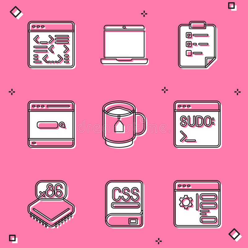 Set Software, Laptop, Clipboard with Checklist, Search Engine, Cup Tea ... Set Software, Laptop, Clipboard with Checklist, Search Engine, Cup Tea ...