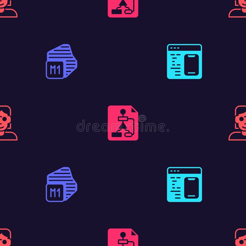 Set Software Processor Flowchart And Hacker Coder On Seamless Pattern Vector Stock Vector
