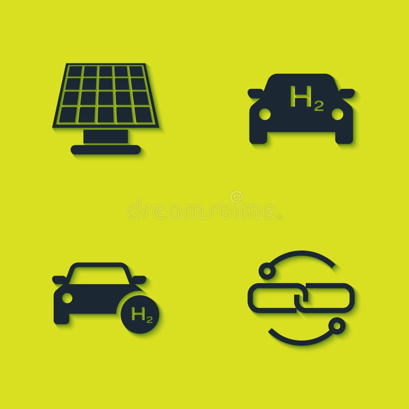 Set Solar Energy Panel, Chain Link Line, Hydrogen Car and Icon. Vector ...