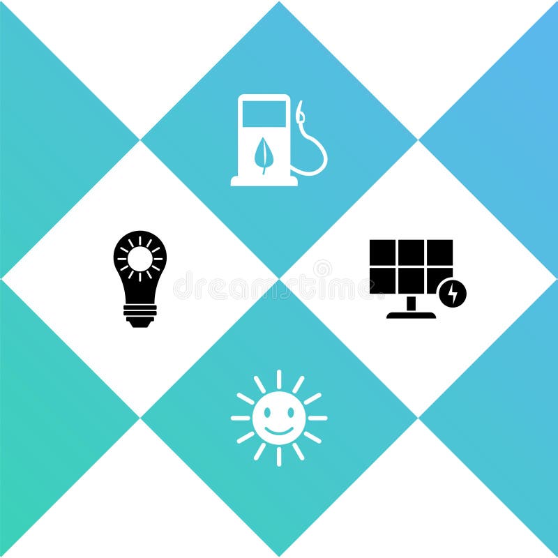 Set Solar Energy Panel, Cute Sun with Smile, Bio Fuel Fueling Nozzle ...