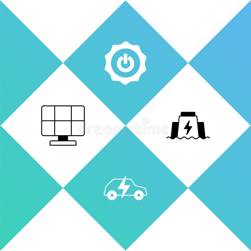 Set Solar Energy Panel, Electric Car, Power Button and Hydroelectric ...