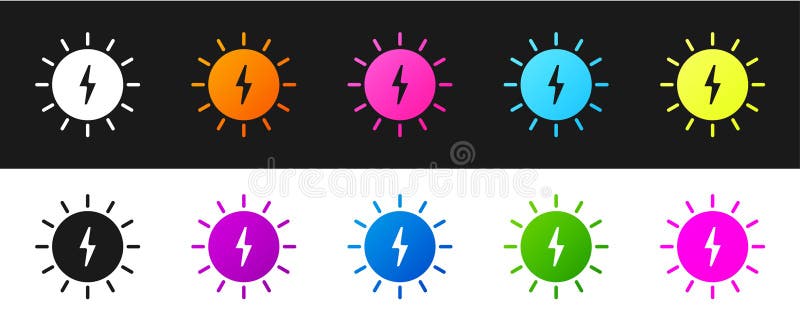 Set Solar Energy Panel Icon Isolated on Black and White Background. Sun ...