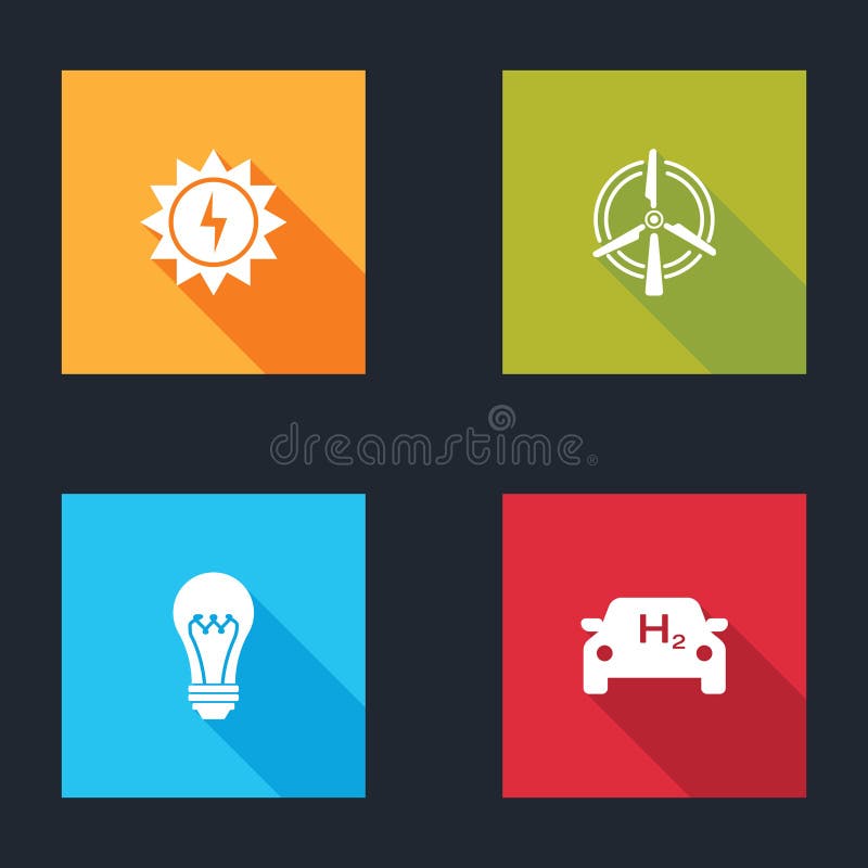 Set Solar Energy Panel, Rotating Wind Turbine, Light Bulb and Hydrogen ...