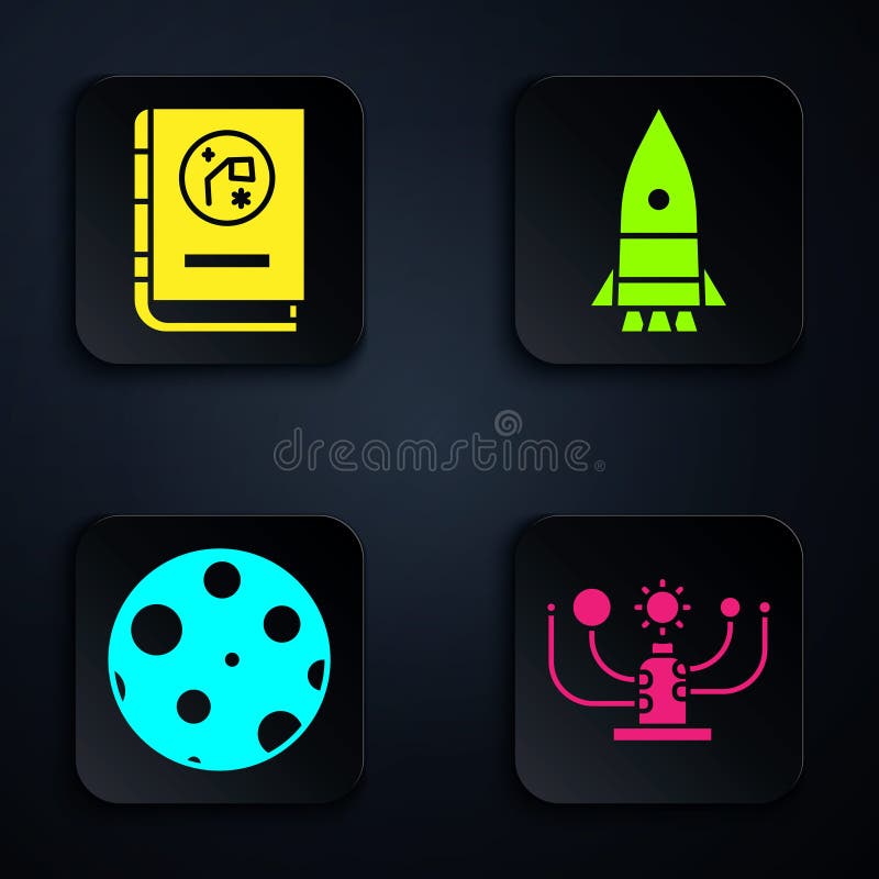 Set Solar System, Book by Astronomy, Moon and Rocket Ship. Black Square ...