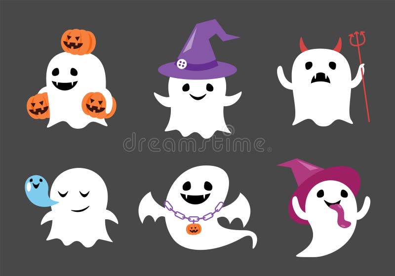 Set of Soul Ghost with Halloween Costume . Cartoon Characters . Flat ...