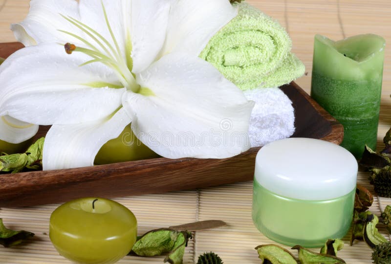 Set for Spa-procedures on Bamboo Rug Stock Photo - Image of lily, cream ...
