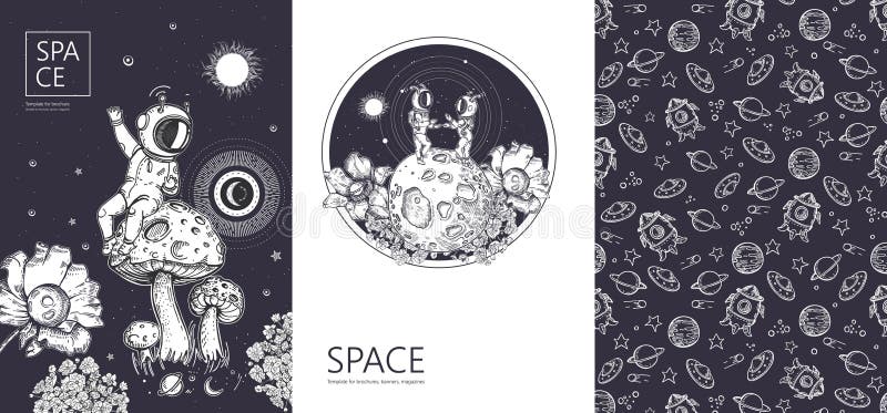 Set of Space Banners. Space Background. Astronaut, Flower and Planet ...