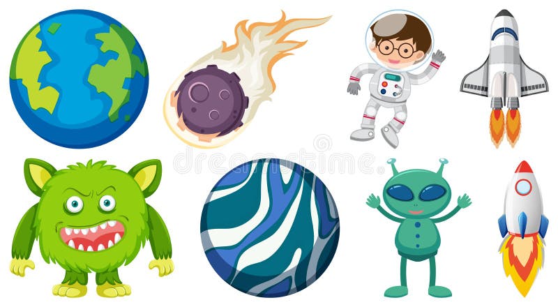 Set of Space Cartoon Characters and Objects Stock Vector - Illustration ...