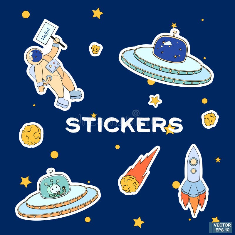 Set space cartoon stickers stock illustration. Illustration of element ...