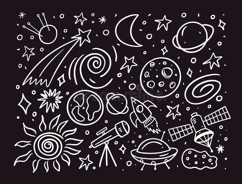 Set Space or Cosmos Elements and Objects Doodle Style. Hand Drawn ...