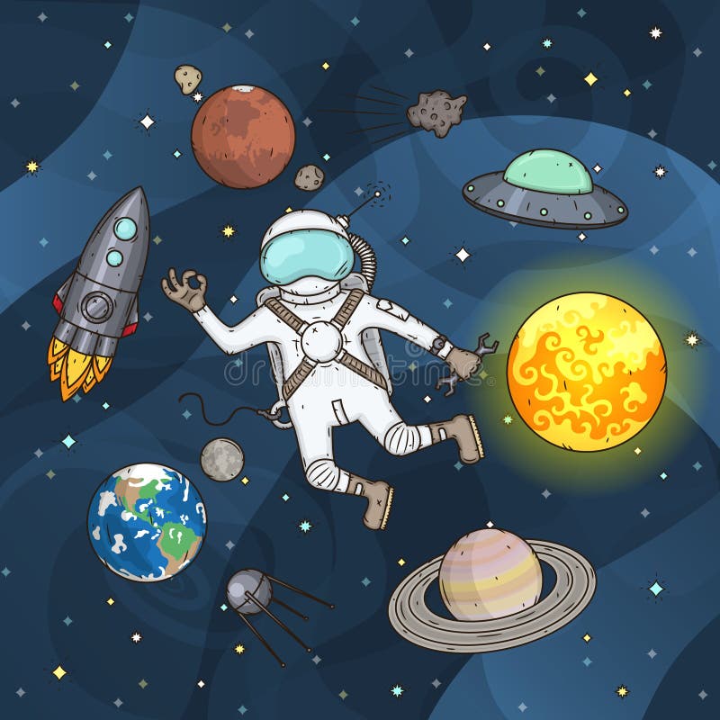 Set of Space Elements. Astronaut, Earth, Saturn, Moon, UFO, Rocket ...