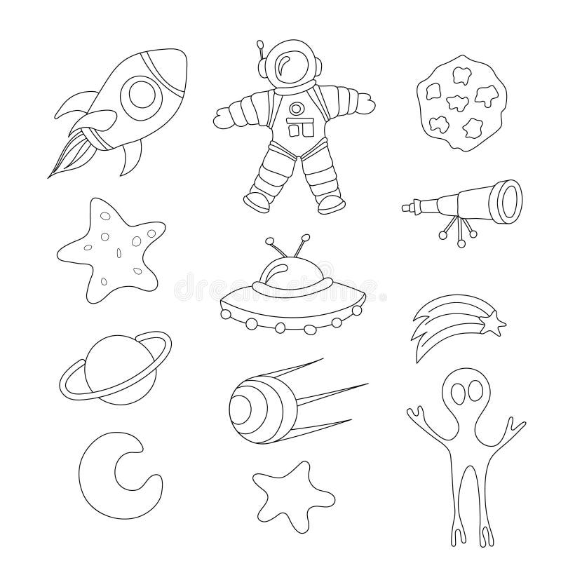 Set of Space Objects and Symbols. Space Object Coloring Book Isolated ...