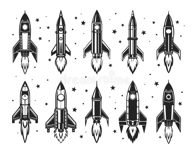 Set of Space Rockets and Shuttles. Black and White Silhouettes Stock ...