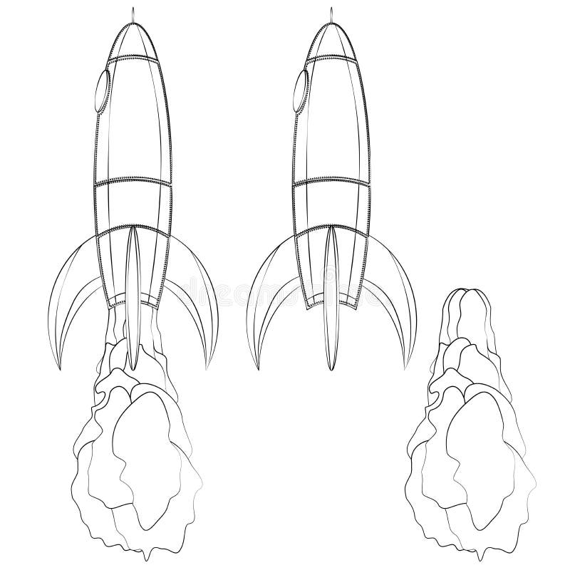 Set of Spaceship Outline with Smoke Isolated. Contour Space Rocket ...