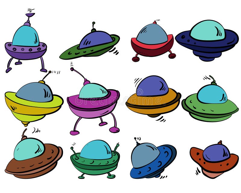 Set of Spaceships of Different Shapes and Sizes, Coloring Page with UFO for Creativity Stock ...