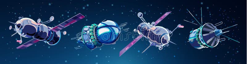 Set with Spaceships and Satellites in Space. Space History Program ...