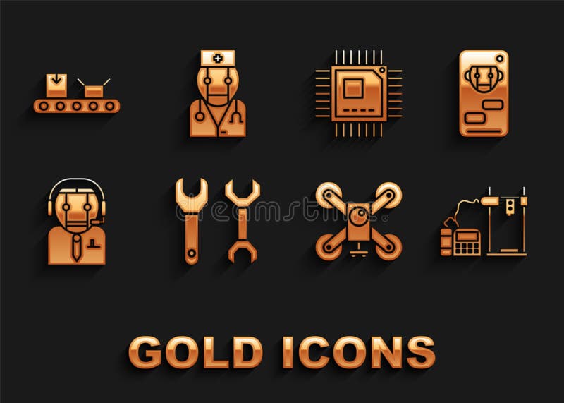 Set Spanner, Bot, 3D Printer, Drone Flying with Action Camera, Worker Robot, Processor ...