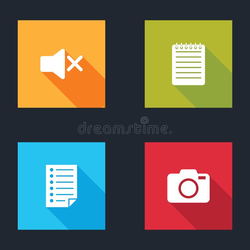 Set Speaker Mute, Notebook, Document and Photo Camera Icon. Vector ...