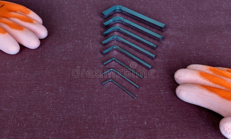 Set of Special Wrenches of Different Sizes on Workbench Stock Photo ...