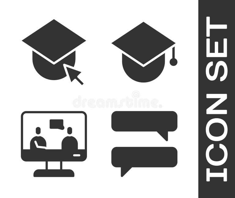 Set Speech Bubble Chat, Graduation Cap on Globe, Online Education and ...