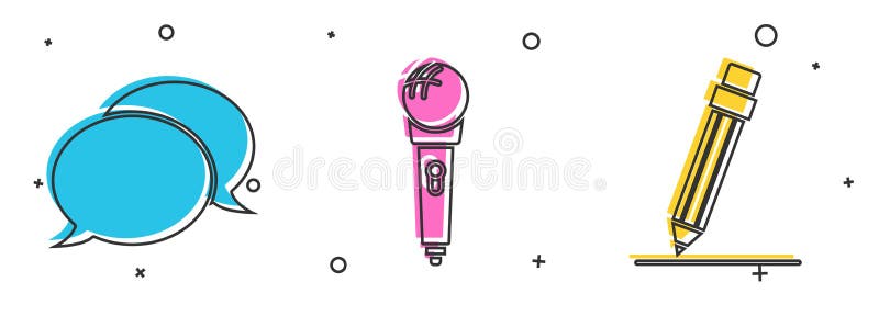 Set Speech Bubble Chat, Microphone and Pencil with Eraser Icon. Vector ...