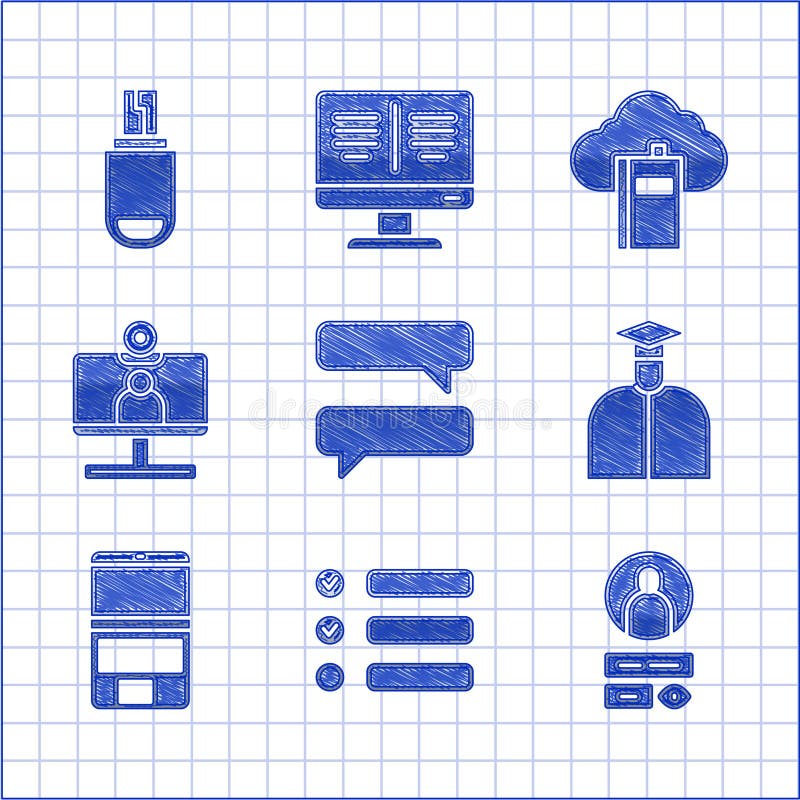 Set Speech Bubble Chat, Task List, Create Account Screen, Student, Laptop, Video Conference ...