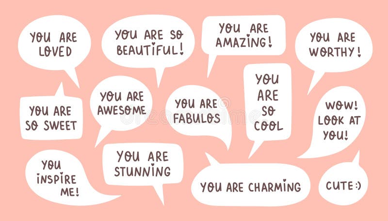 Set of Speech Bubbles with Compliment Phrases, Self Love Quotes Stock ...