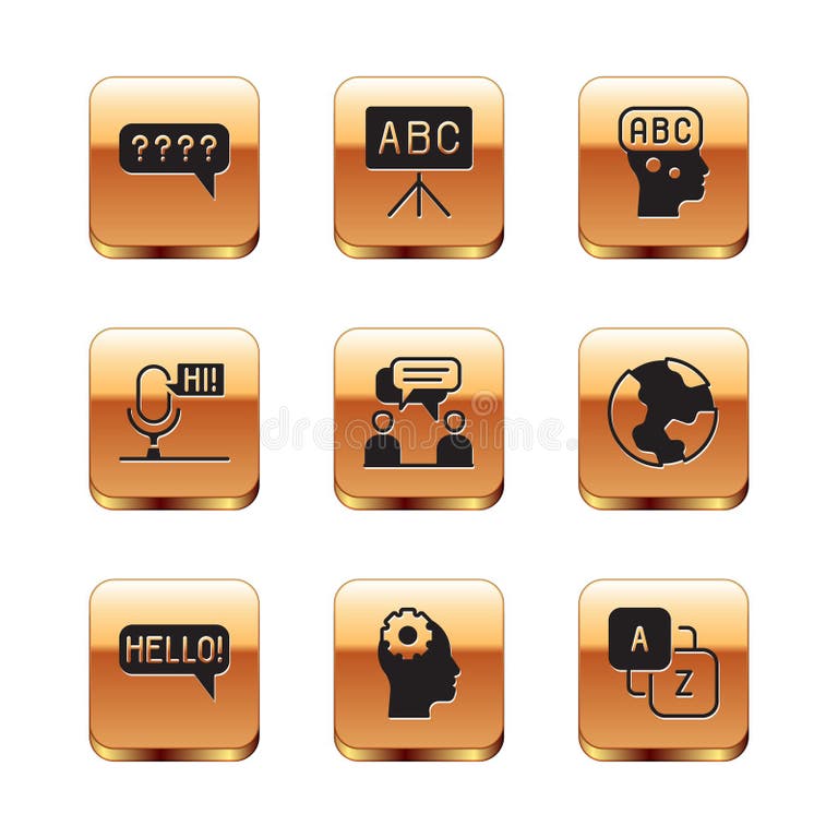 Set Speech Bubbles with Question, Hello in Different Languages, Head Gear Inside, Two Sitting ...