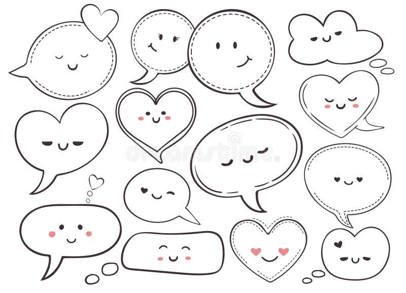 Set of Speech Bubbles with Smiling Faces. Talking and Thinking Clouds ...
