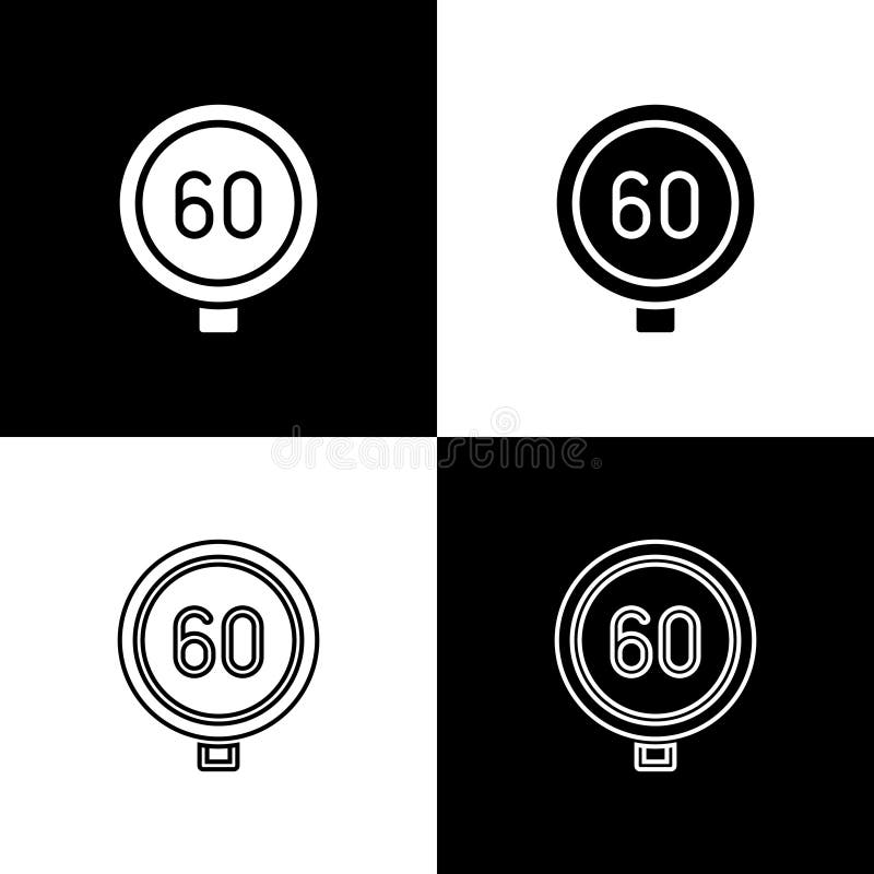 Set Speed Limit Traffic Sign 60 Km Icon Isolated on Black and White ...