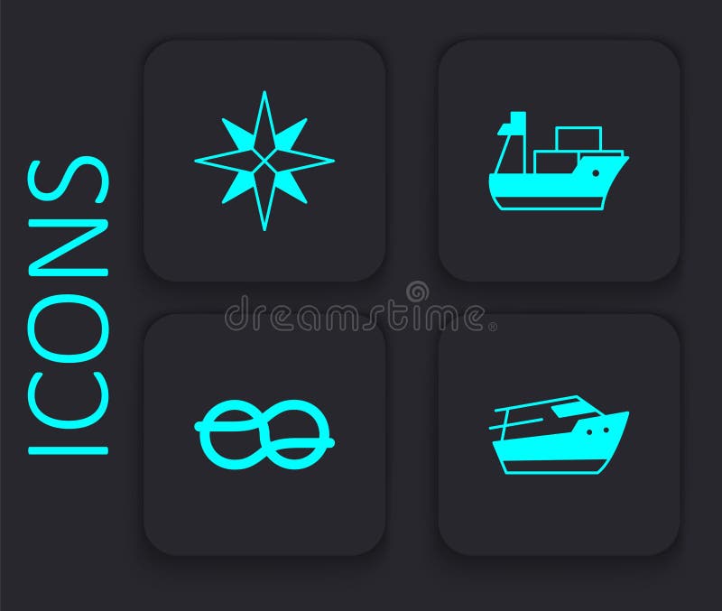 Set Speedboat, Wind Rose, Cargo Ship and Nautical Rope Knots Icon ...