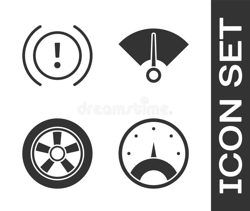 Set Speedometer, Brake System Warning, Car Wheel and Speedometer Icon ...